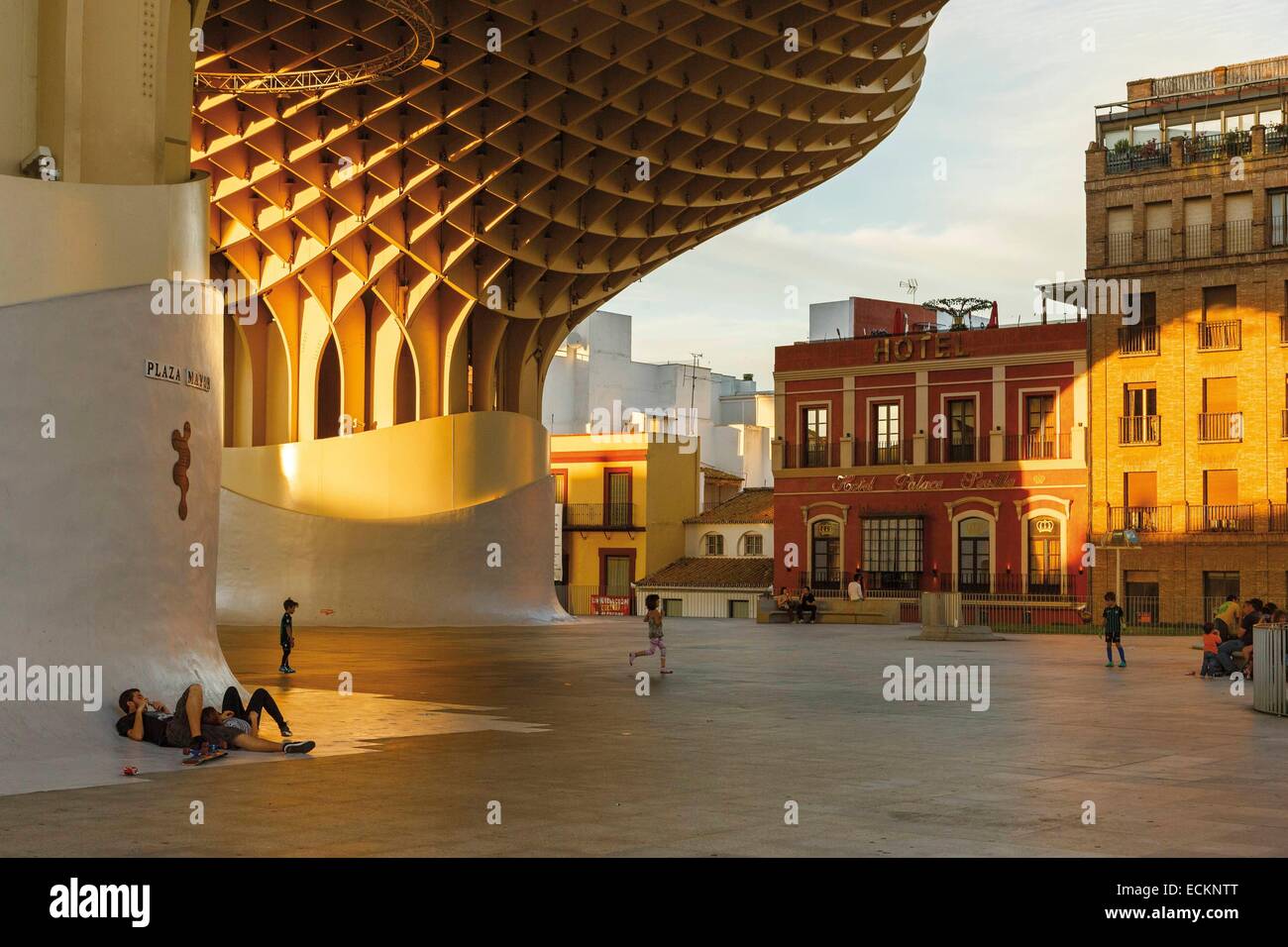 Spain, Andalusia, Seville, modern metal structure in a public square at ...