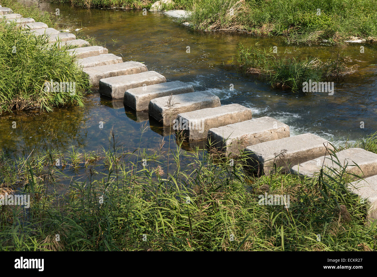 stepping stones cross over a stream in outdoor Stock Photo - Alamy