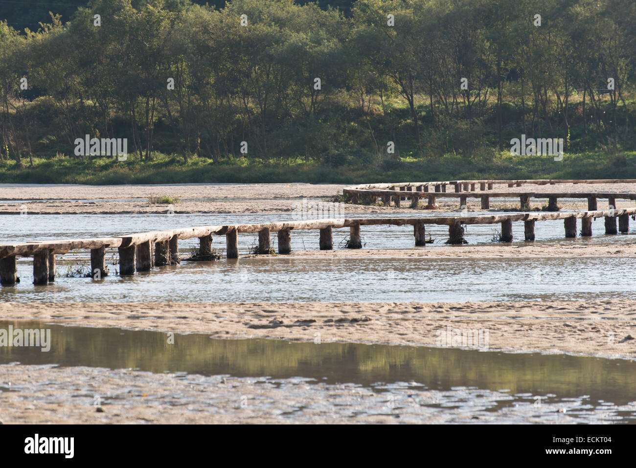 single lane log bridge over a shallow river in Museom village, Yeongju ...