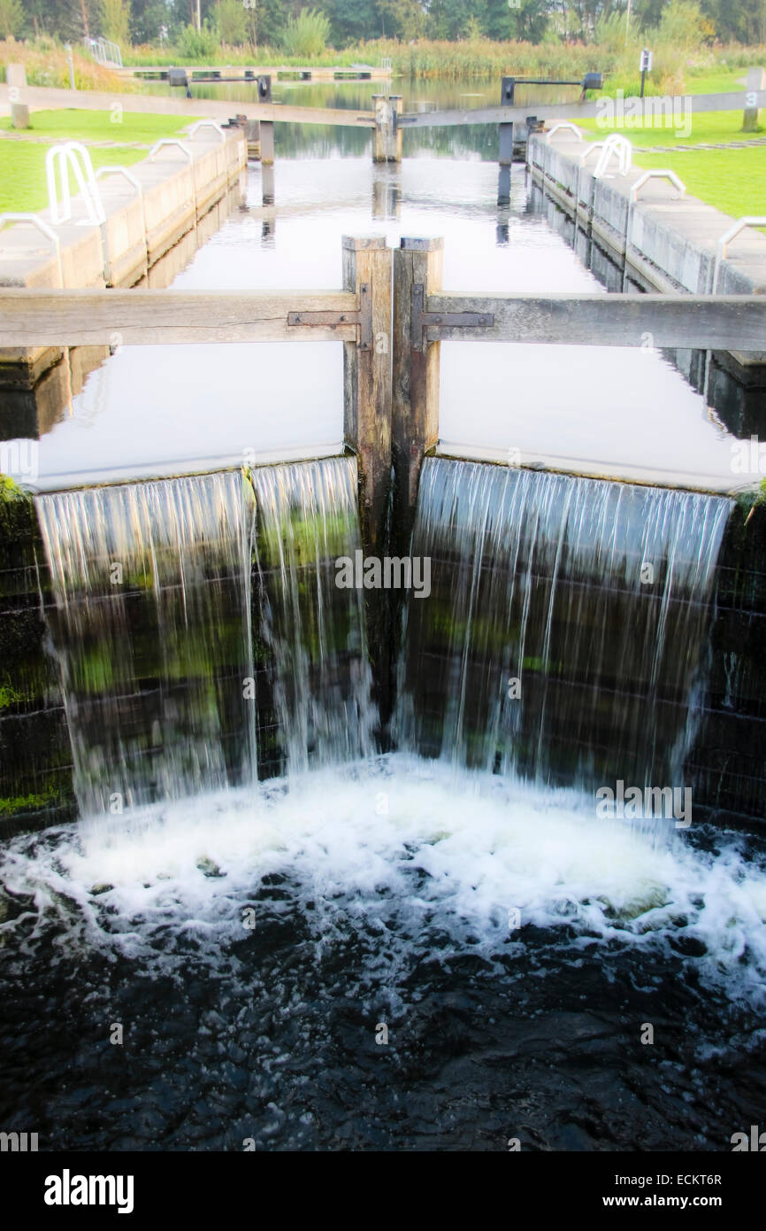 water spilling over canal lock gates Stock Photo - Alamy