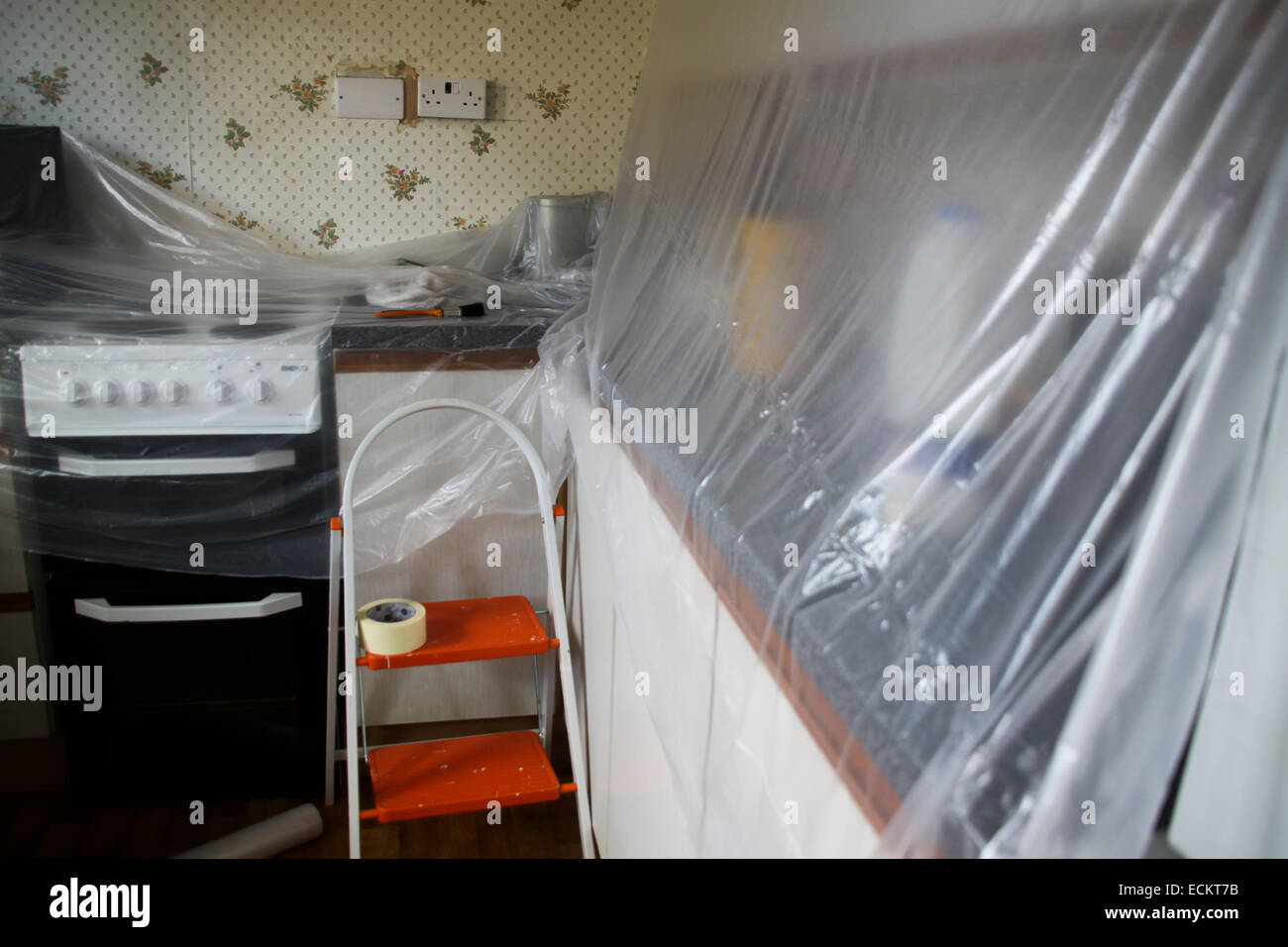 Domestic kitchen with dustsheets ready for decorating Stock Photo - Alamy