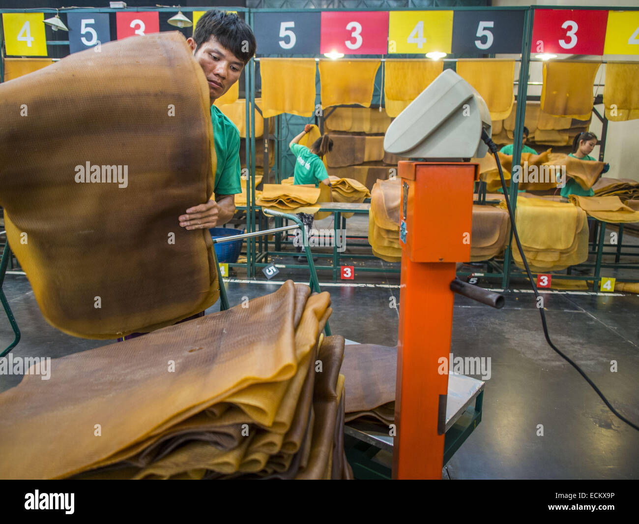 Klaeng, Rayong, Thailand. 15th Dec, 2014. A worker stacks dried rubber ...