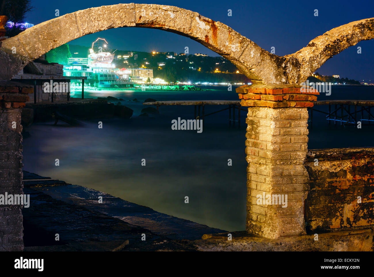Summer coast night view with ruin and Varna town (Black Sea, Bulgaria ...