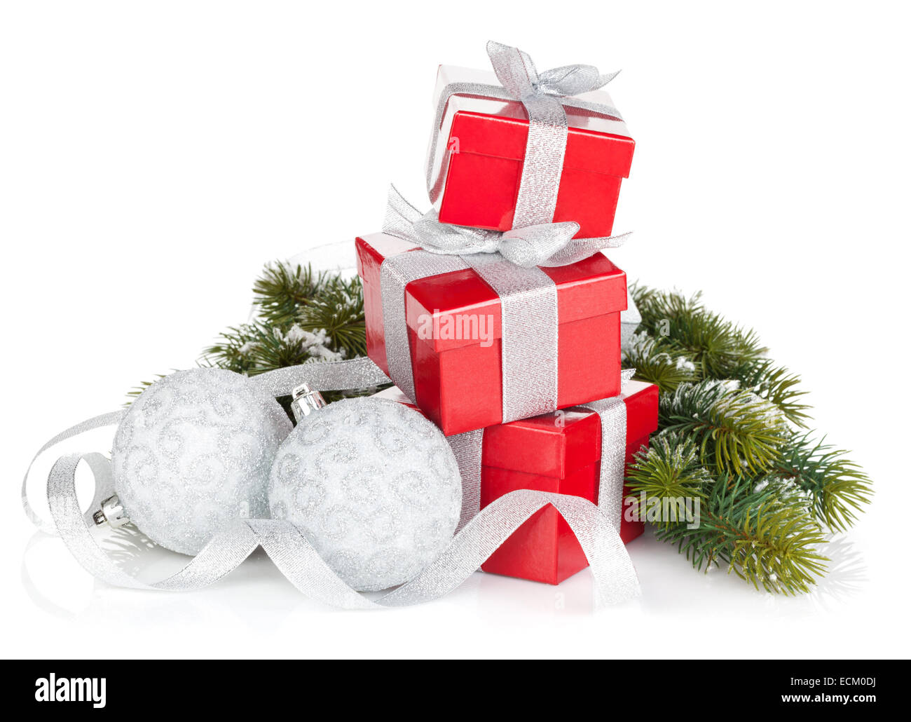 Three christmas gift boxes with baubles. Isolated on white background ...