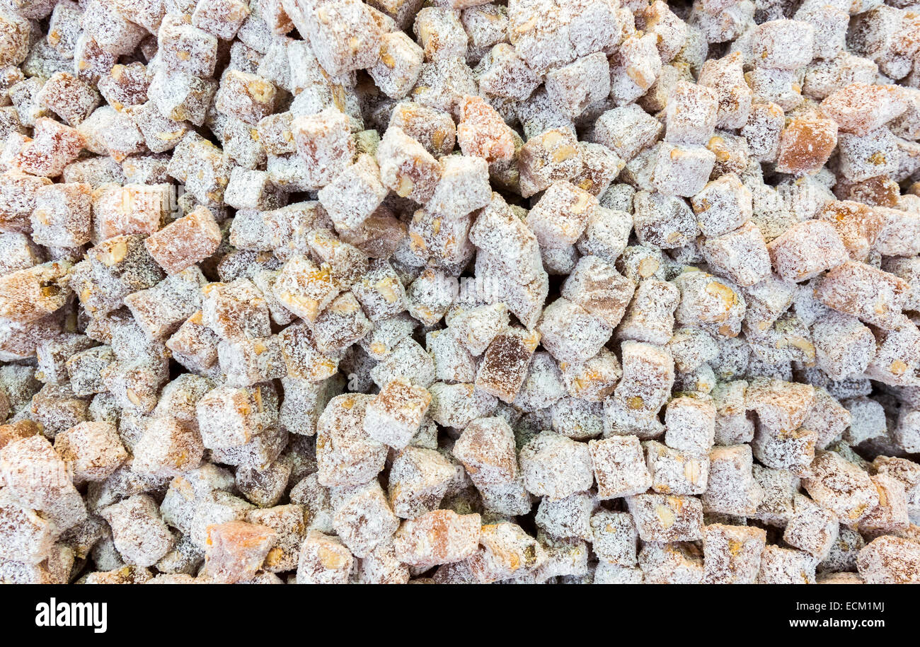 Turkish delight sweet pieces with coconut sticks Stock Photo - Alamy