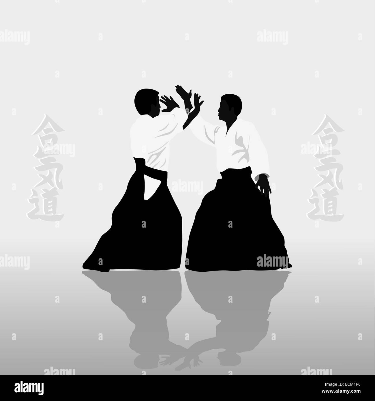 The two men engaged in Aikido on a light background. The inscription on ...