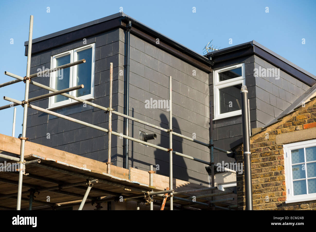 Scaffolding to a newly completed dormer / dormers / dormas / dorm on ...