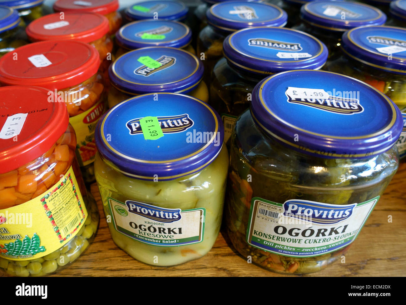 Jars of pickled vegetables displayed in Polsmak Polish delicatessen in ...
