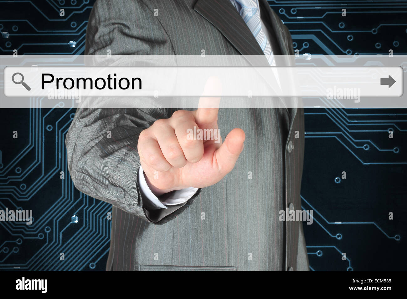 Businessman pushing virtual search bar with promotion word on digital ...