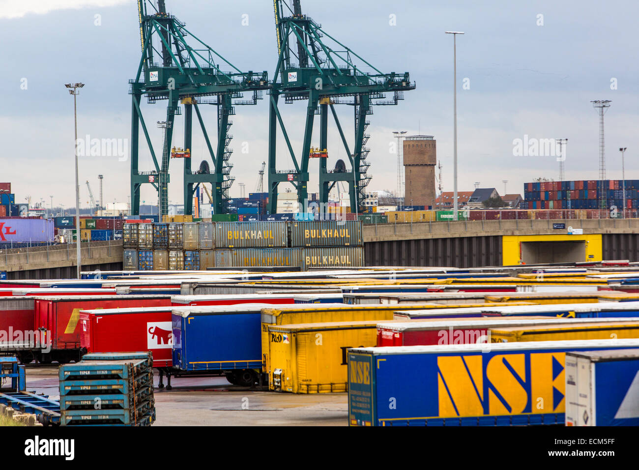 Seaport, harbor freight, trucks with cargo waiting at the cargo ...