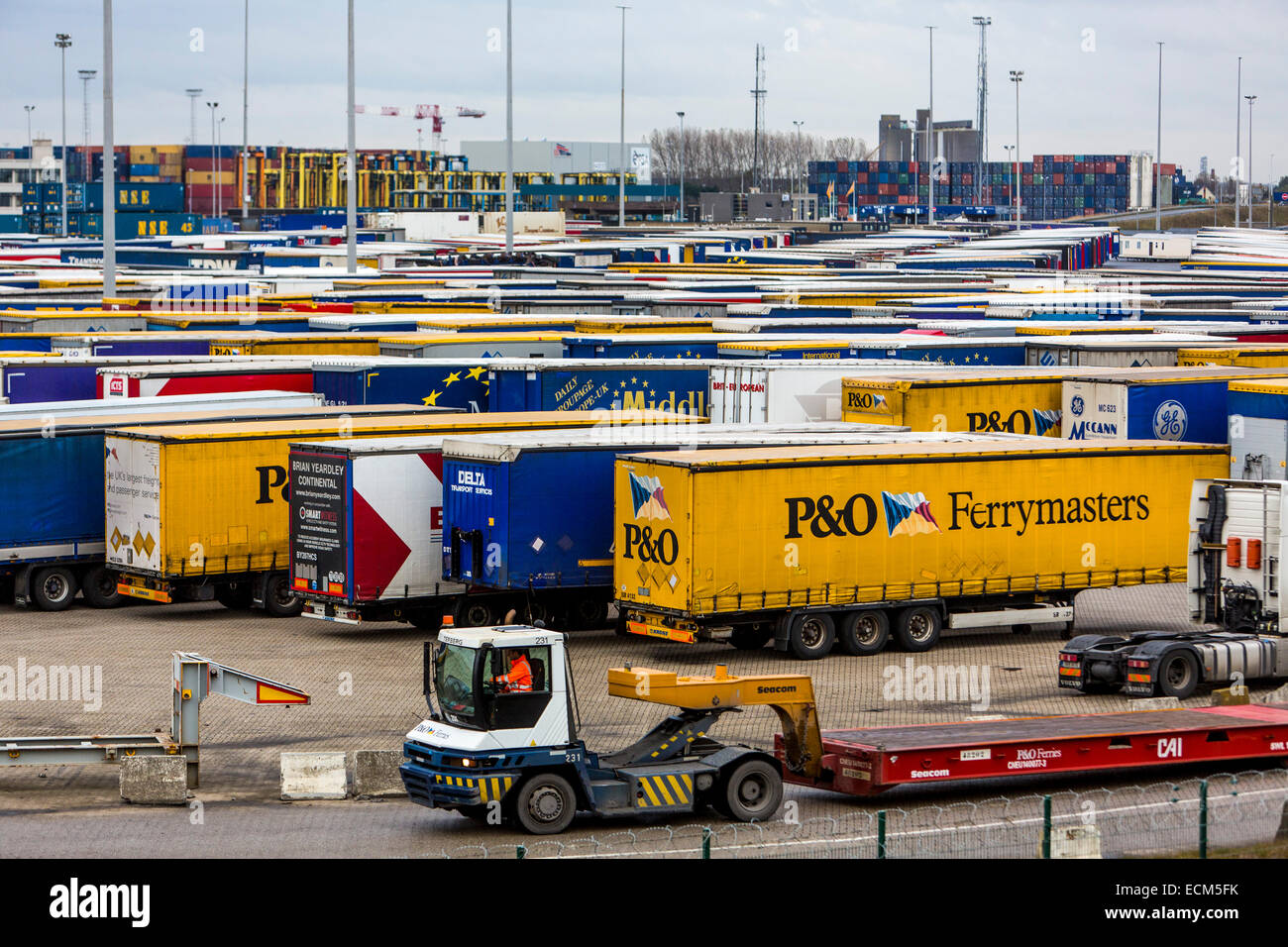 Seaport, harbor freight, trucks with cargo waiting at the cargo ...
