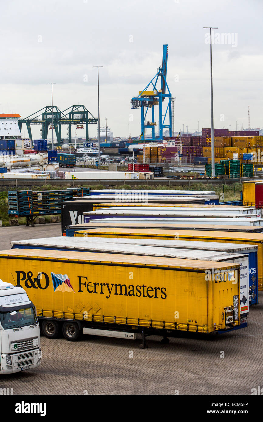 Seaport, harbor freight, trucks with cargo waiting at the cargo ...