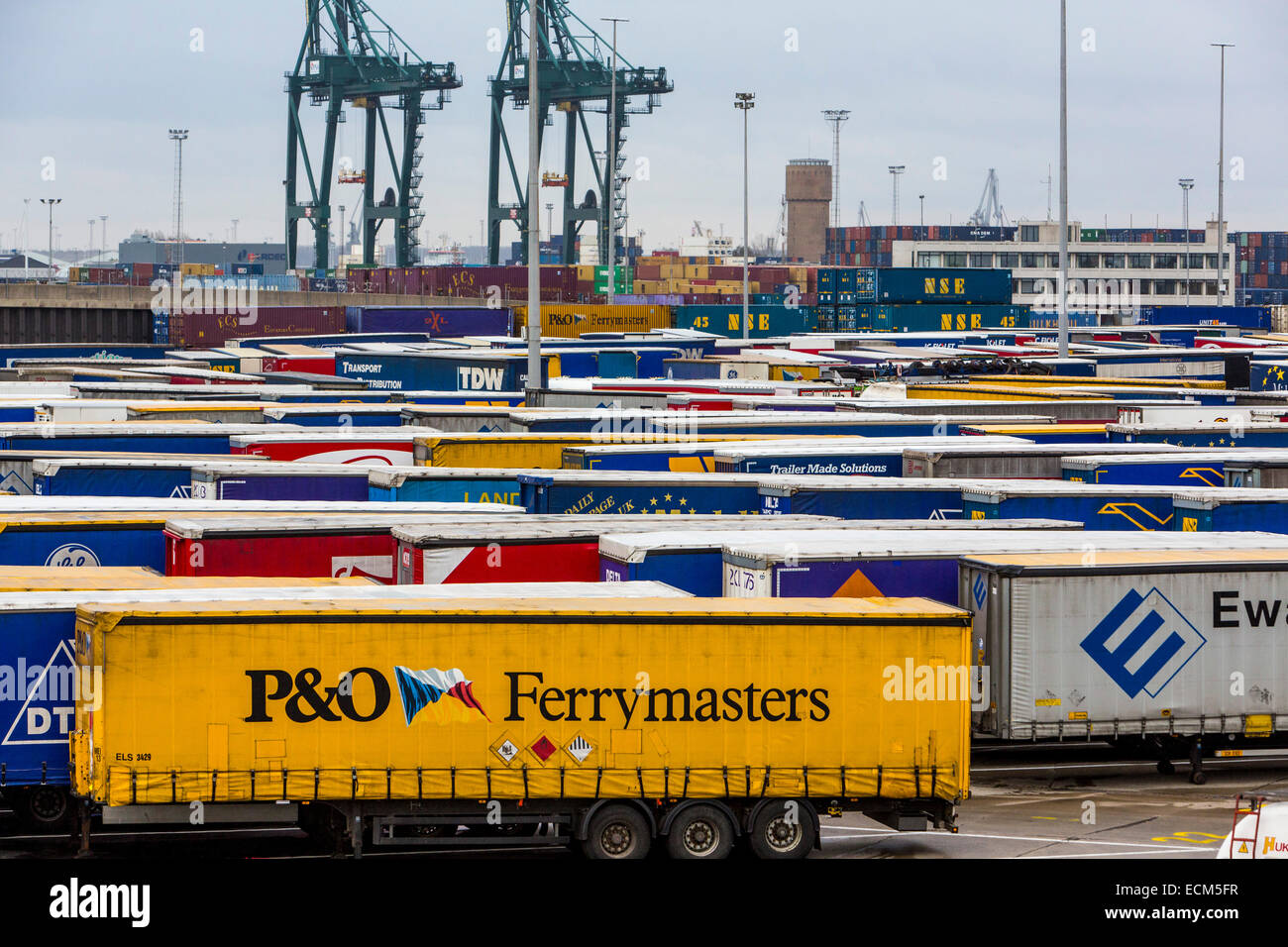Seaport, harbor freight, trucks with cargo waiting at the cargo ...