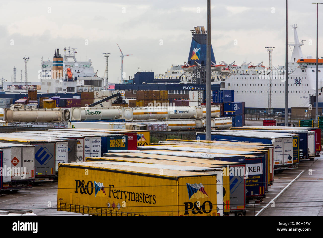 Seaport, harbor freight, trucks with cargo waiting at the cargo ...