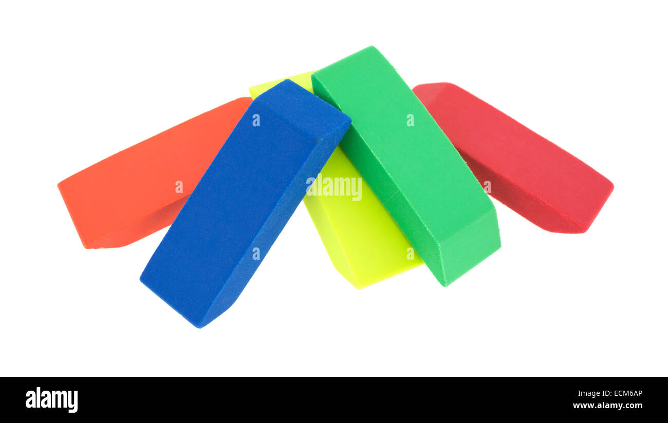 Orange, blue, yellow, green and red erasers arranged on a white ...