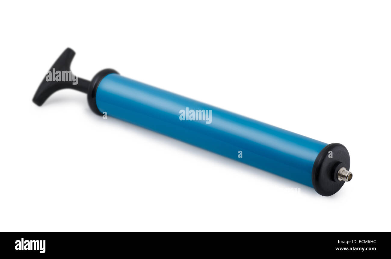 Blue bicycle pump on a white background Stock Photo - Alamy
