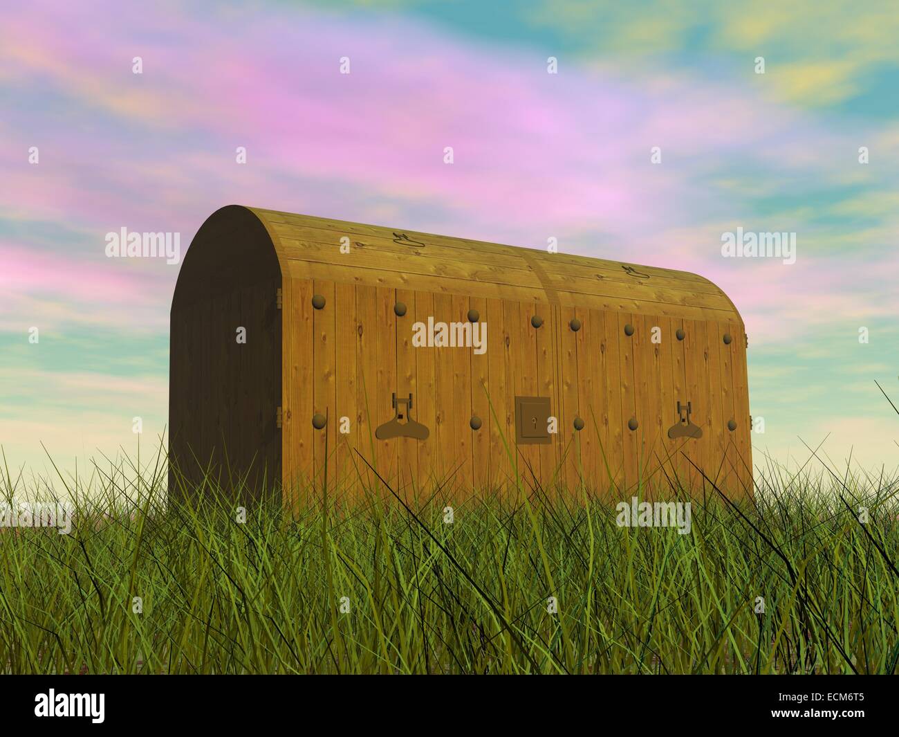 One old wooden chest on the green grass by sunset light Stock Photo - Alamy