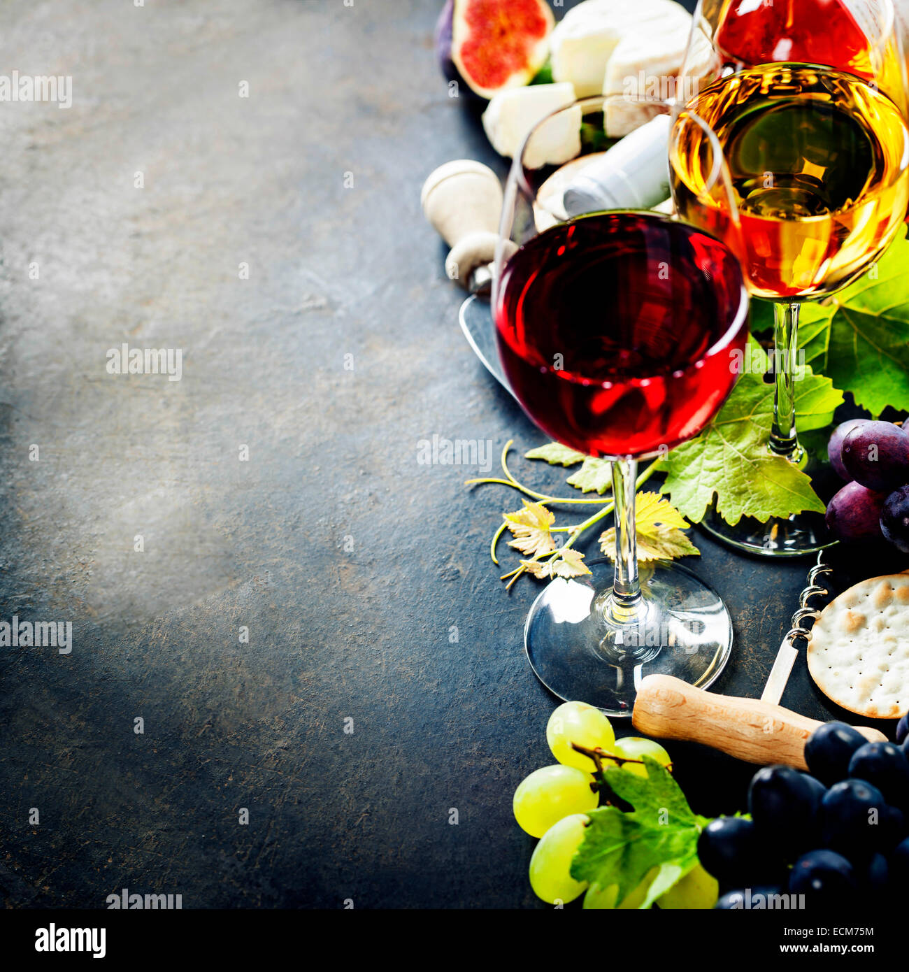 Food background with Wine, Cheese and Grape Stock Photo - Alamy
