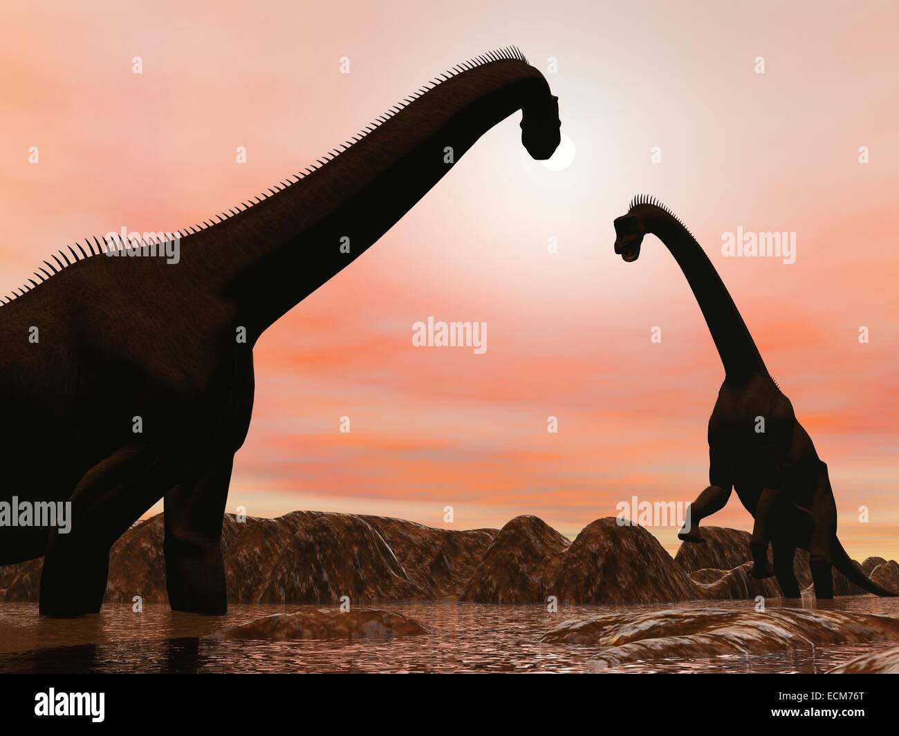 Two brachiosaurus dinosaurs silhouettes in water next to mountains by ...