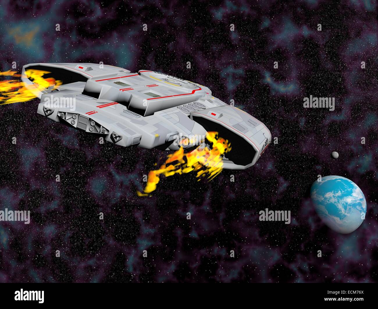 Rear view on spaceship with fire flying in the universe to earth ...