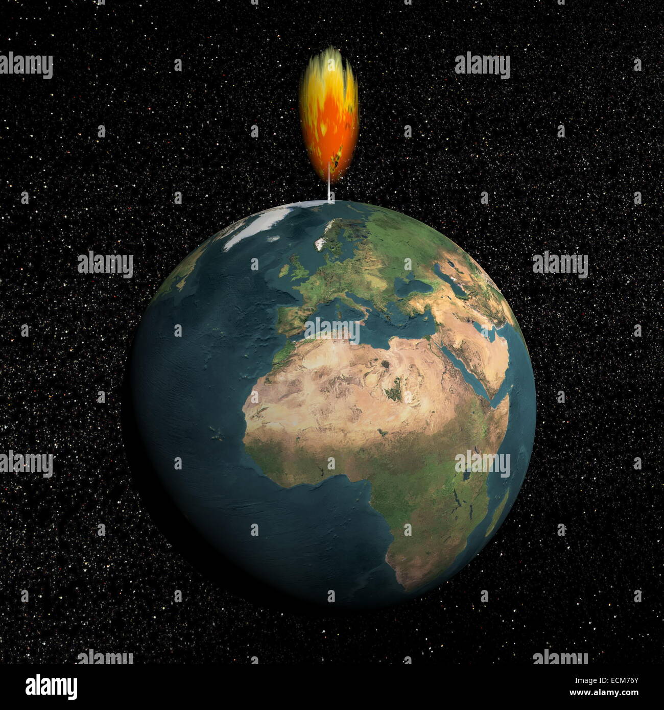 Earth planet with fire light upon in starry universe background ...