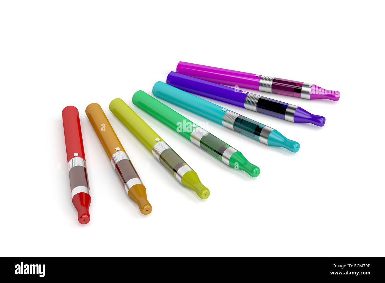 Electronic cigarettes with different colors and flavors on white ...