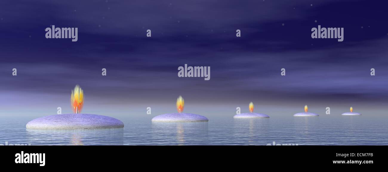 Stones with fire lights as steps on the ocean by night Stock Photo - Alamy