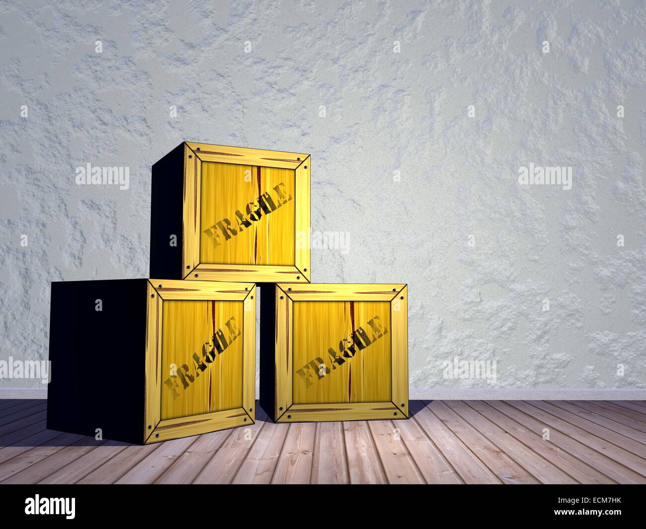 Three fragile crates in a room next to the wall Stock Photo - Alamy