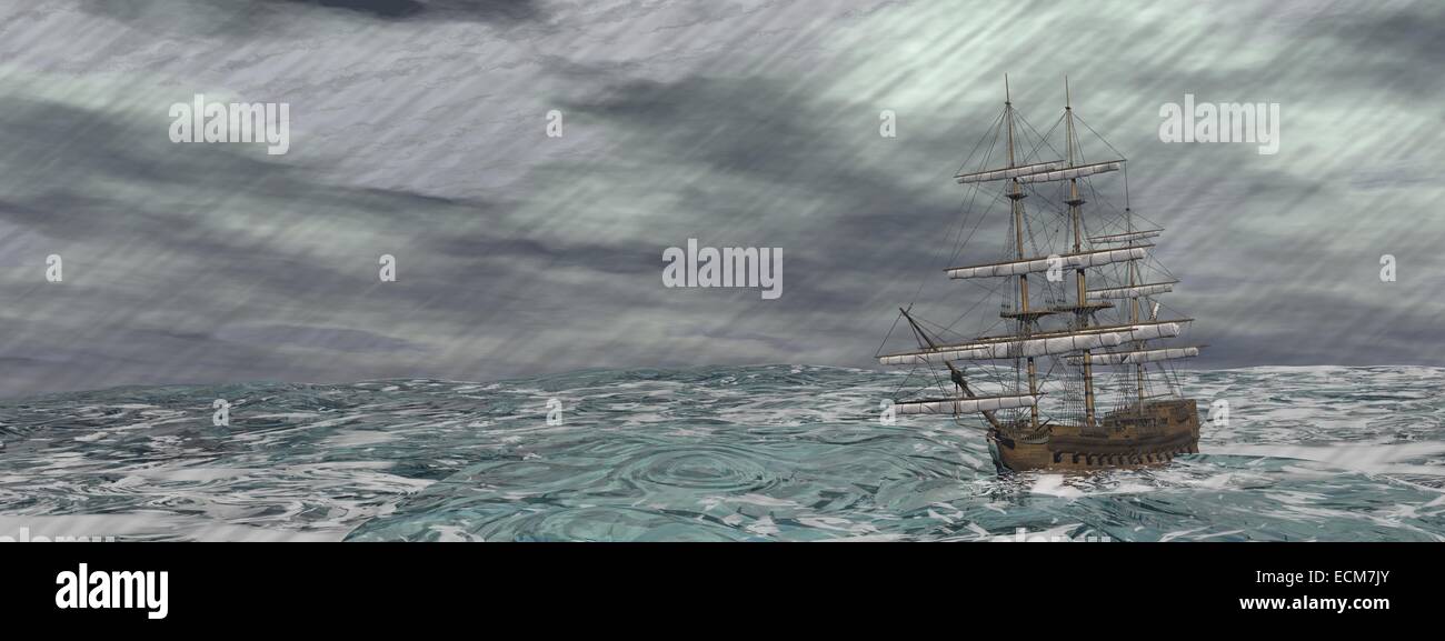 Old ship lost in the middle of a raining storm on ocean Stock Photo - Alamy