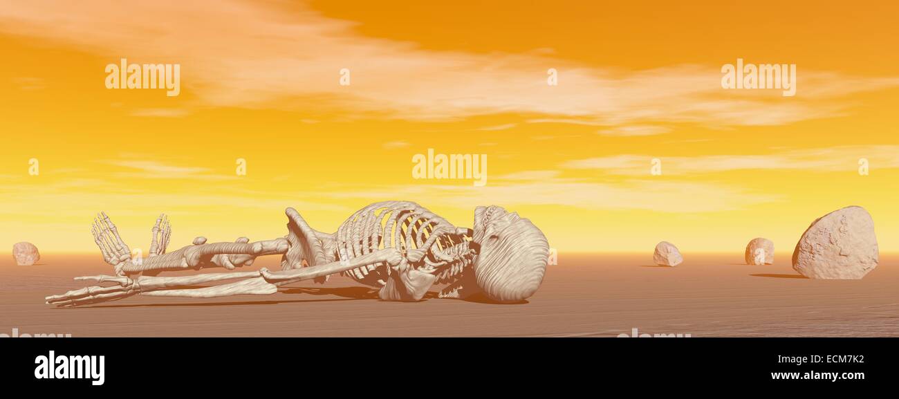 Skeleton lying in the desert next to rocks by hot sunset Stock Photo ...