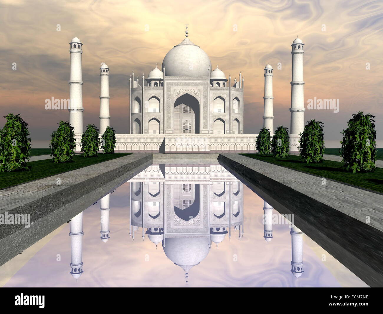 Famous Taj Mahal mausoleum and nature around by sunset, Agra, India ...
