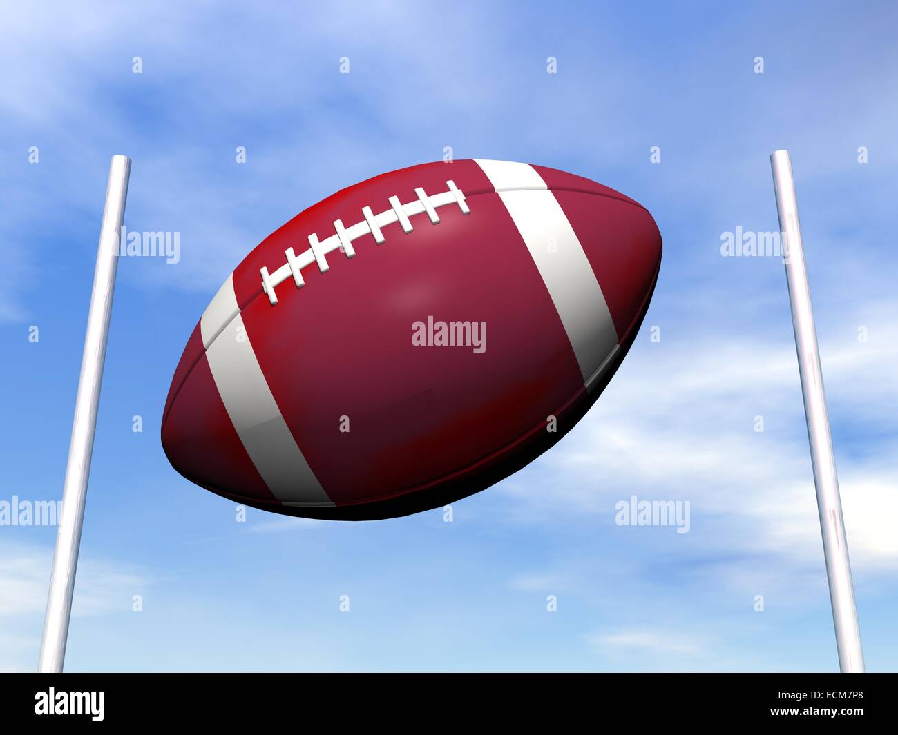 Close up on red and white rugby ball passing through two posts in ...