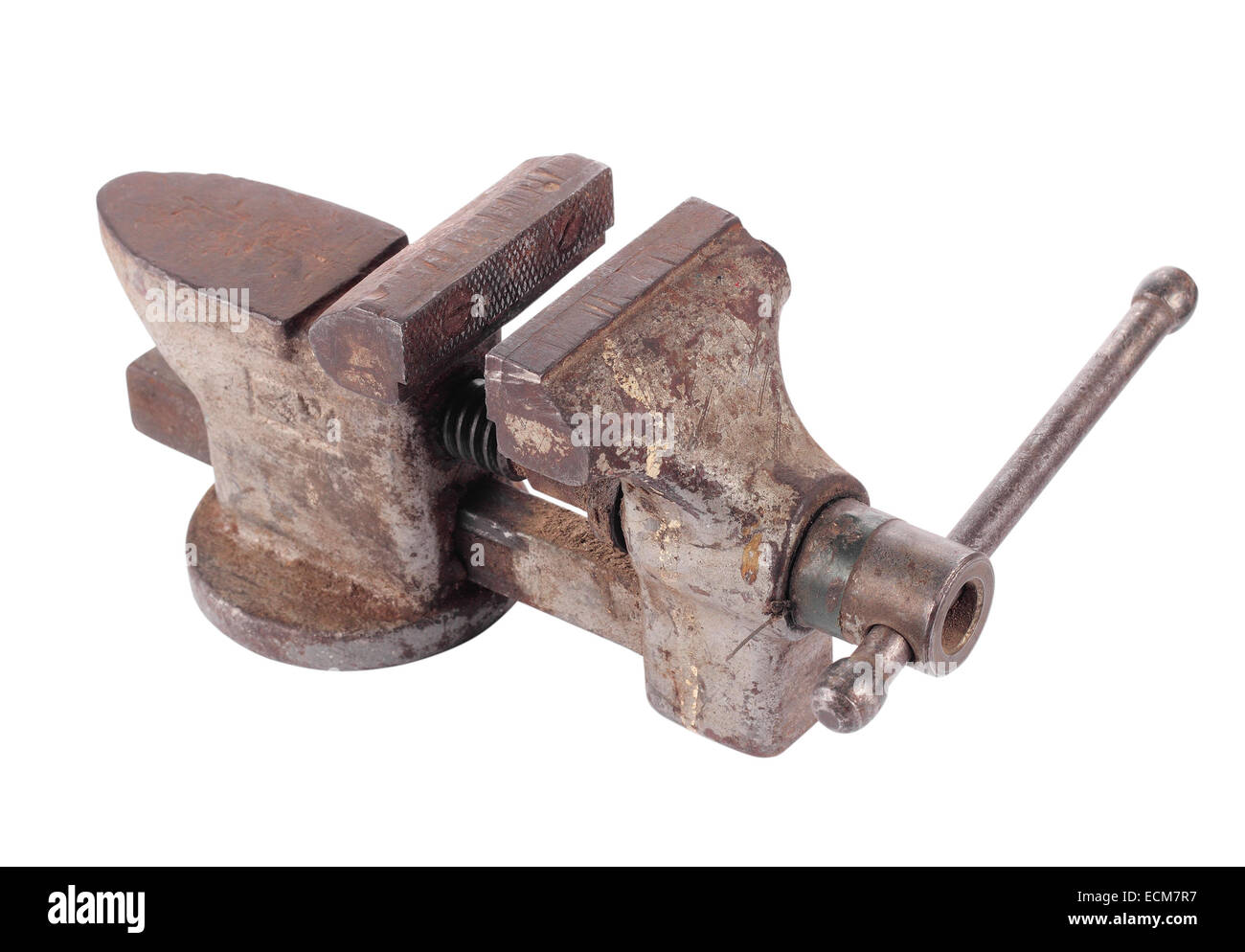 Rusty old vice on a white background. It is isolated, the worker of ...