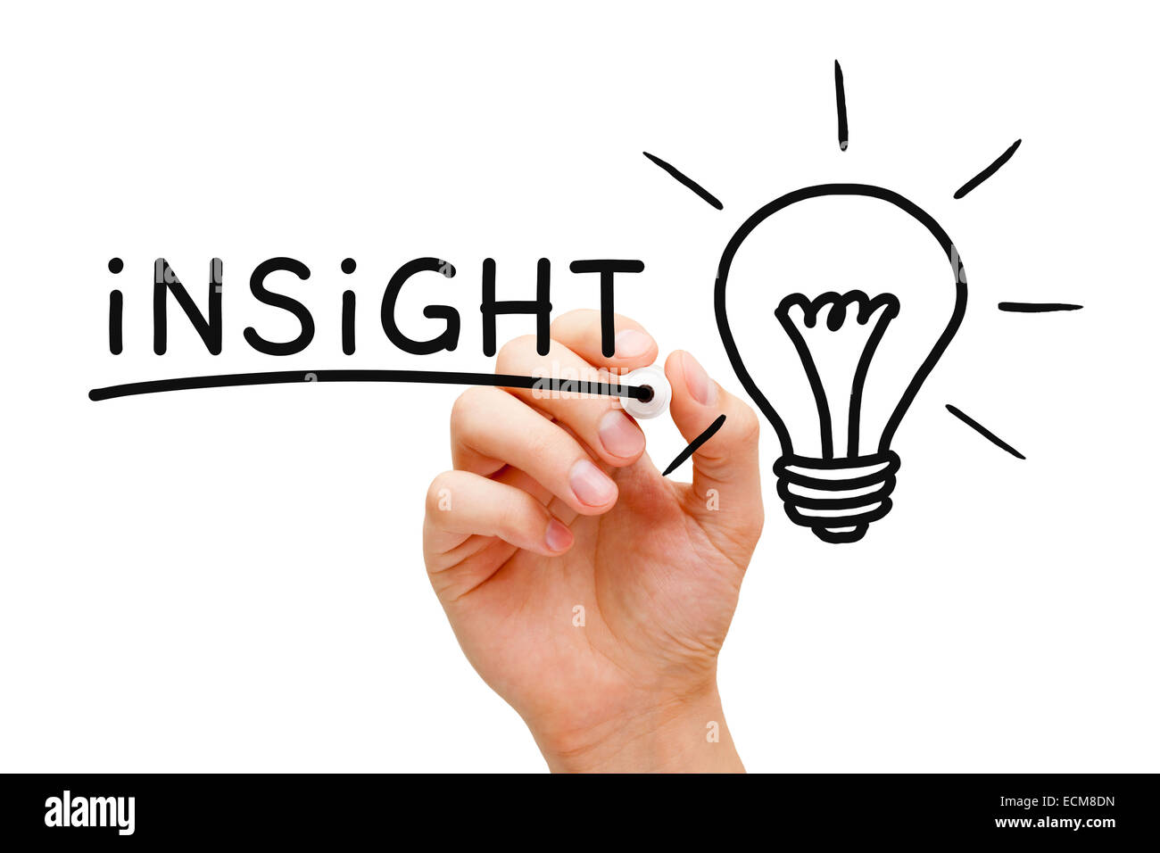 Hand writing Insight with black marker next to a glowing light bulb on ...