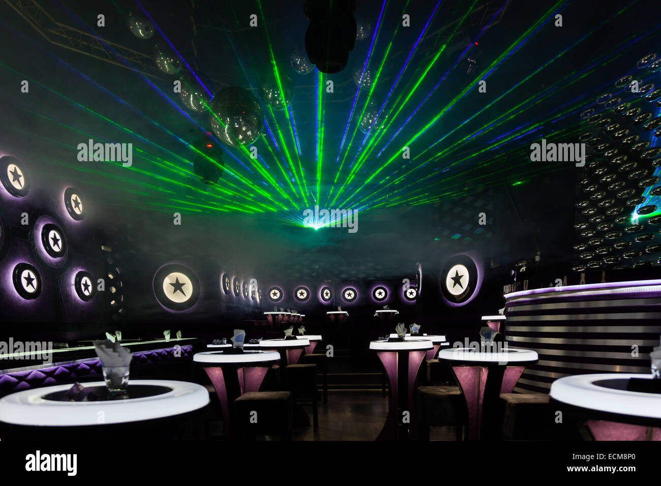 Disco light show, Stage lights with laser Stock Photo - Alamy