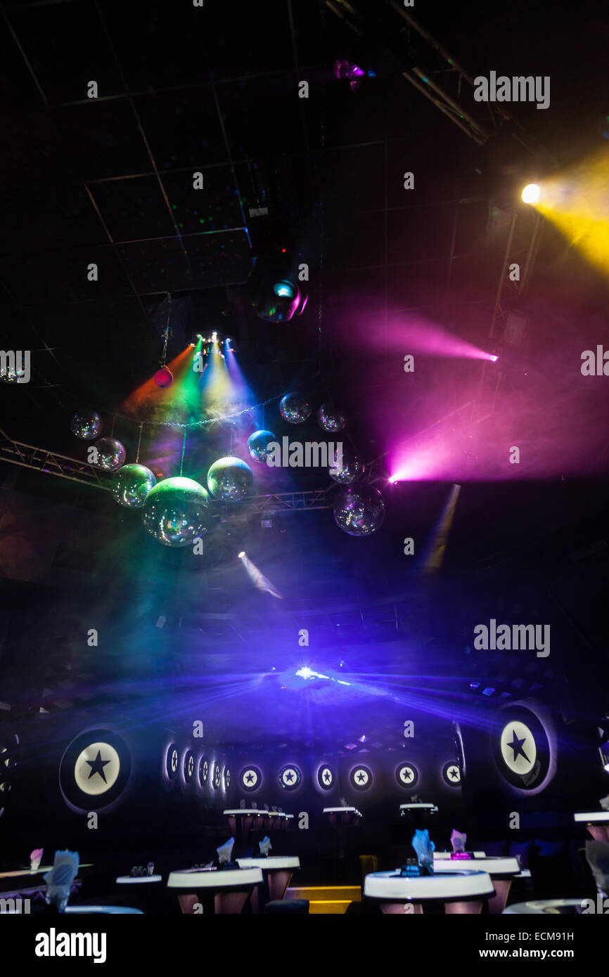 Disco light show, Stage lights with laser Stock Photo - Alamy