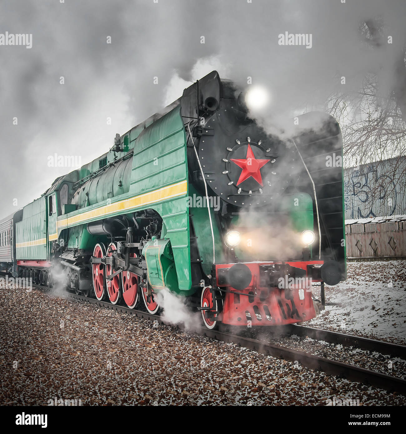 Passenger retro steam train goes fast. Excursion trip Stock Photo - Alamy