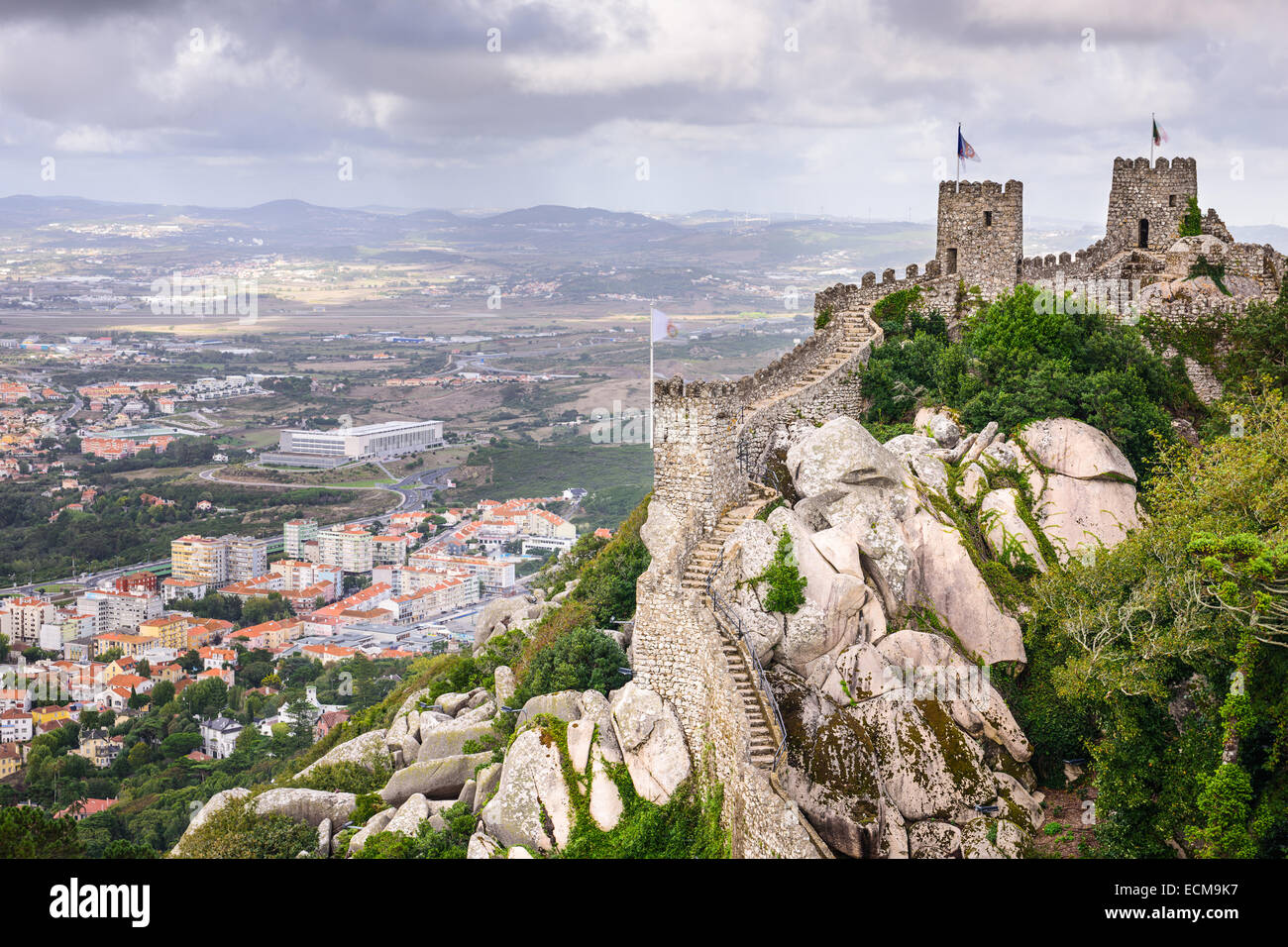 Sintra, Portugal at the Moorish Castle and Sintra townscape Stock Photo ...