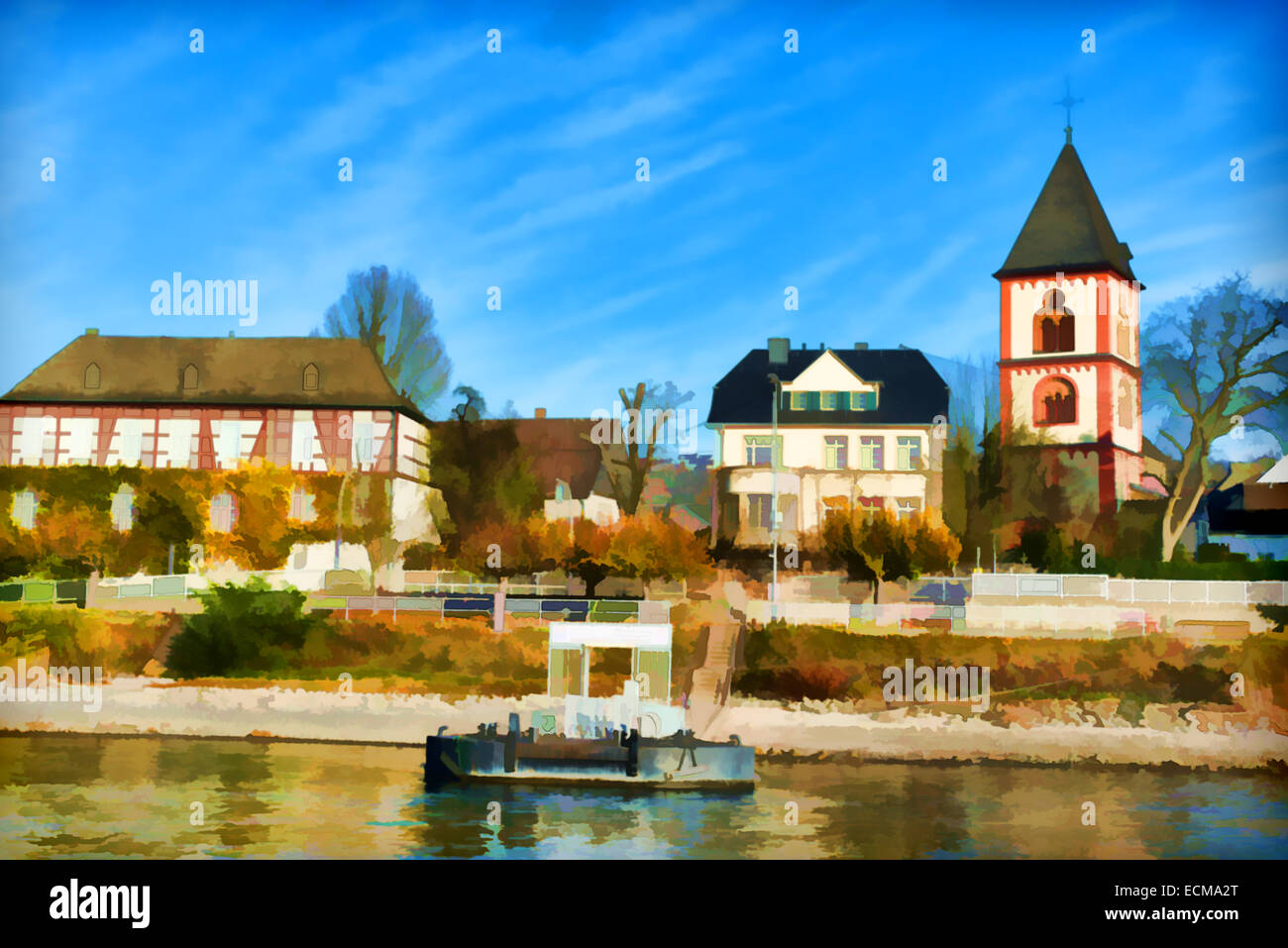 Beautiful painting of a riverside village in Europe Stock Photo - Alamy