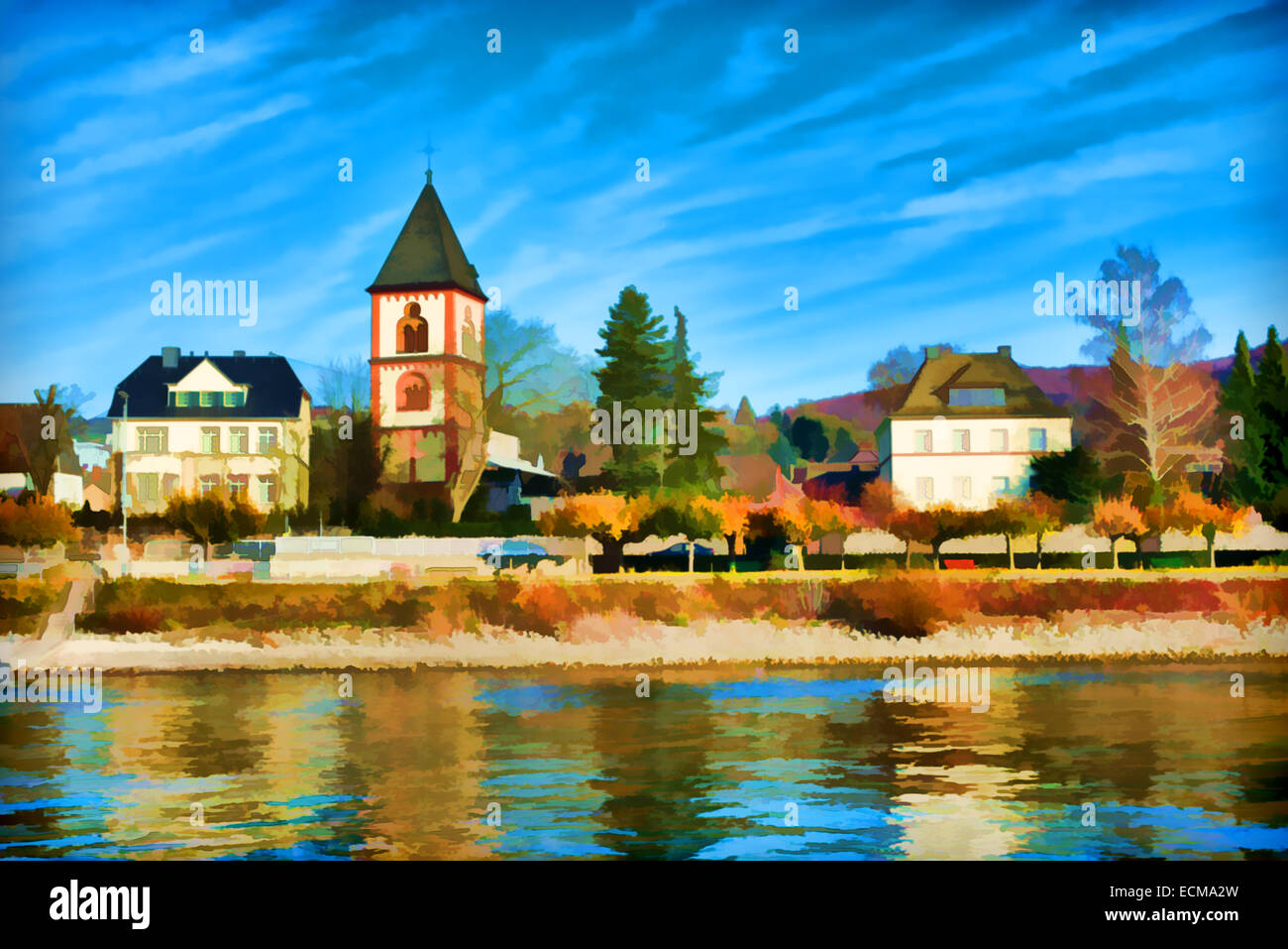 Beautiful painting of a riverside village in Europe Stock Photo - Alamy