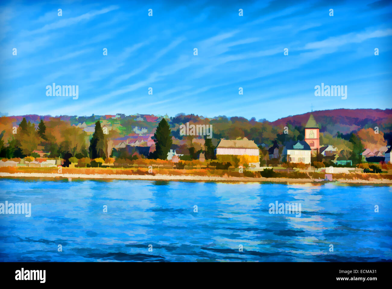 Beautiful painting of a riverside village in Europe Stock Photo - Alamy