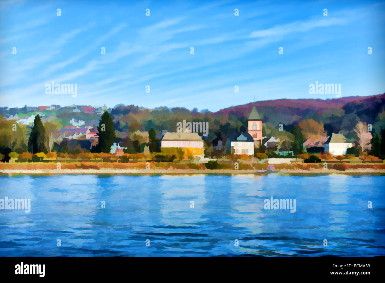 Beautiful painting of a riverside village in Europe Stock Photo - Alamy