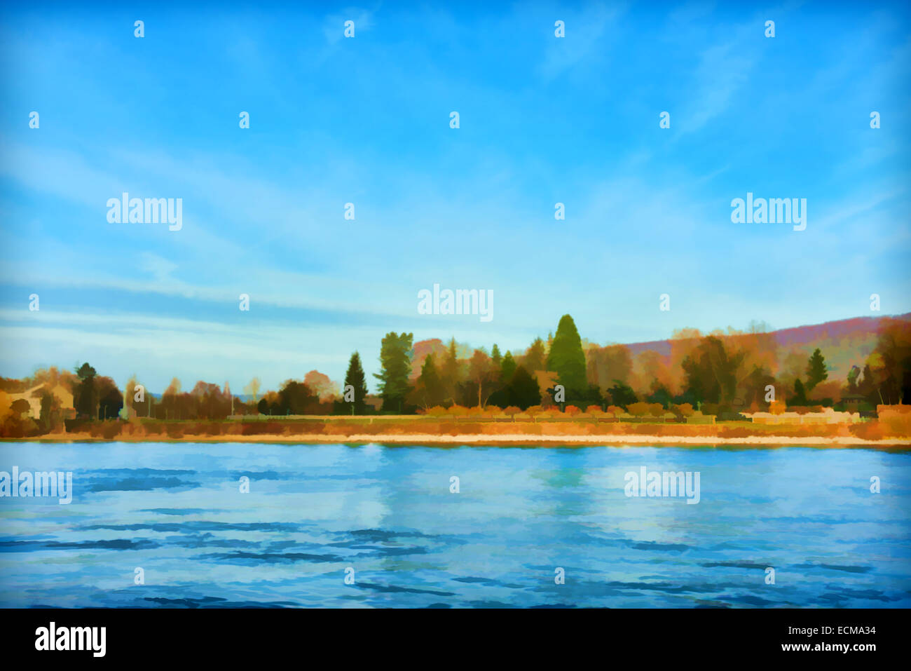 Beautiful painting of a riverside village in Europe Stock Photo - Alamy