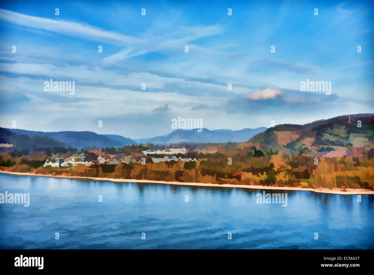 Beautiful painting of a riverside village in Europe Stock Photo - Alamy