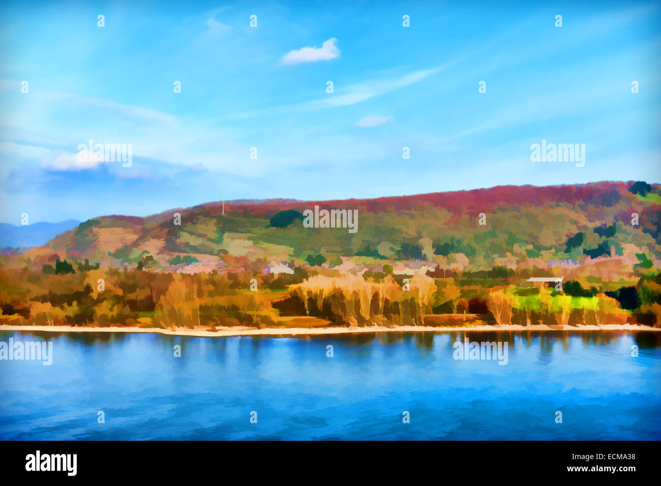 Beautiful painting of a riverside village in Europe Stock Photo - Alamy