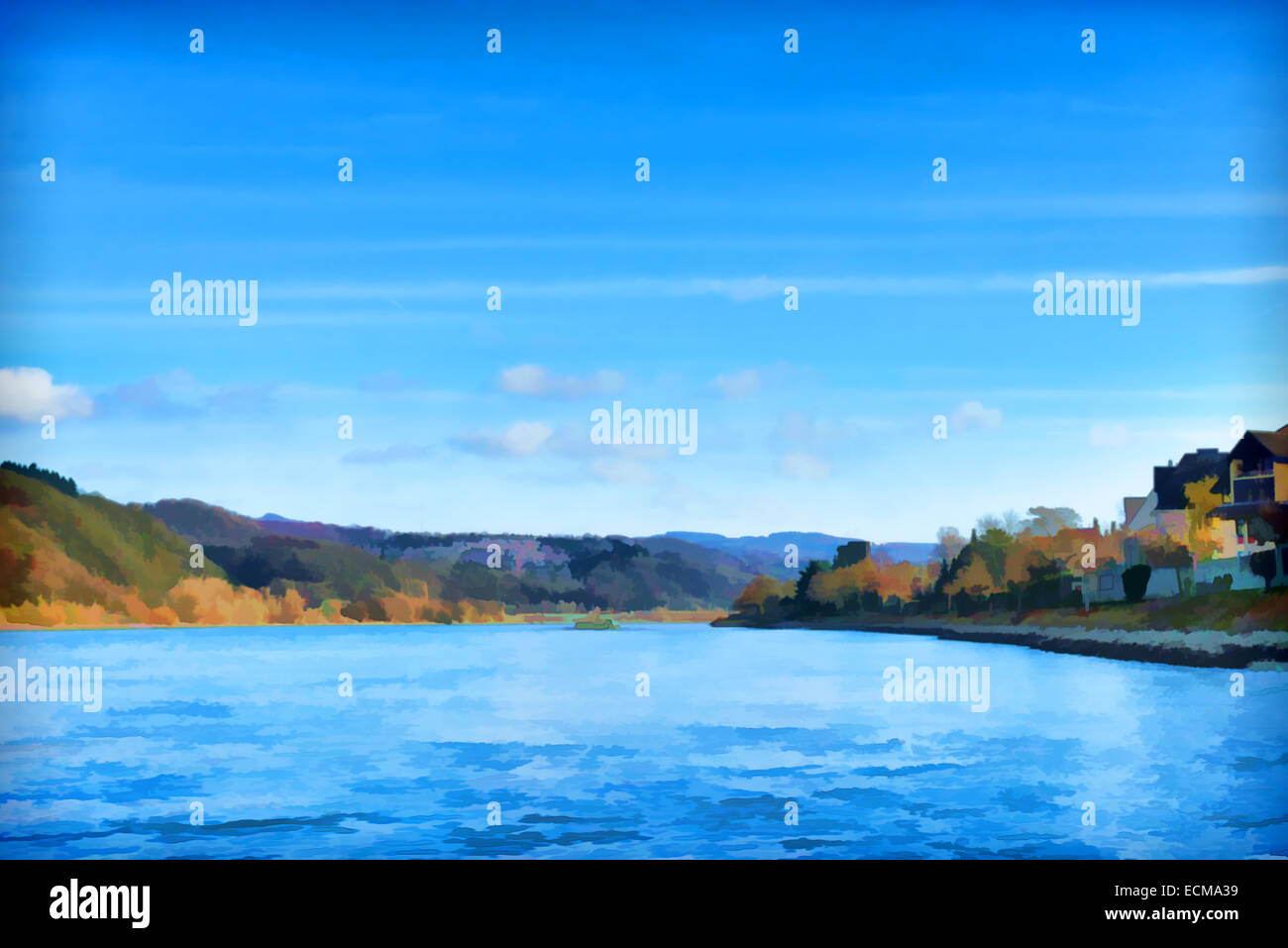 Beautiful painting of a riverside village in Europe Stock Photo - Alamy