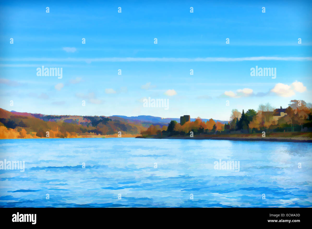 Beautiful painting of a riverside village in Europe Stock Photo - Alamy