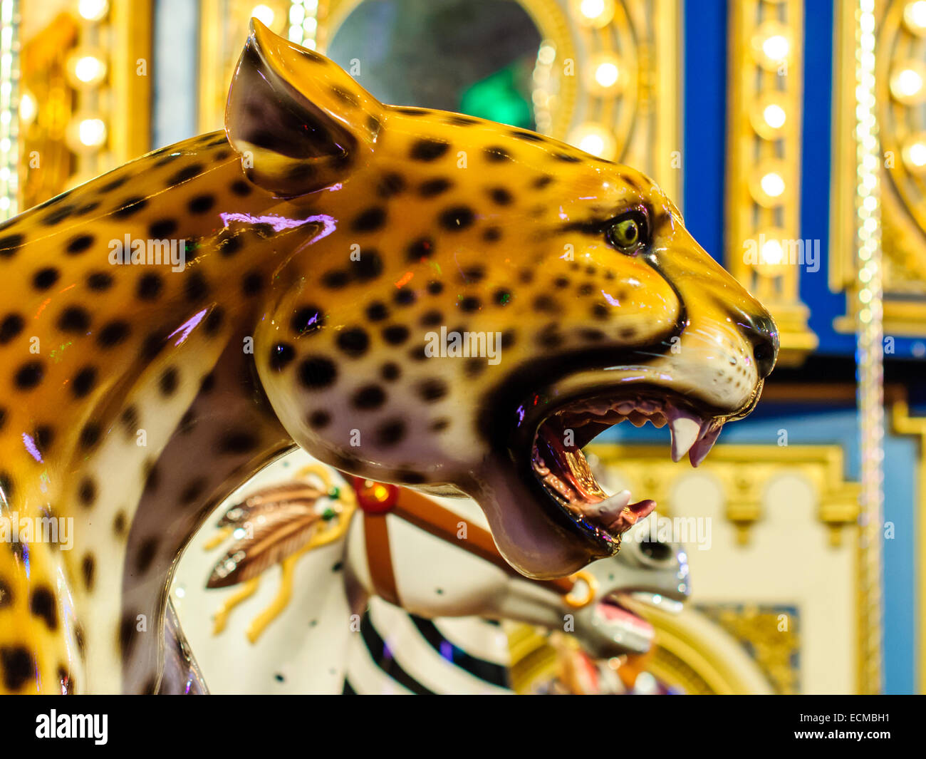 Close up of Cheetah head on merry-go-round at Winter Wonderland in ...