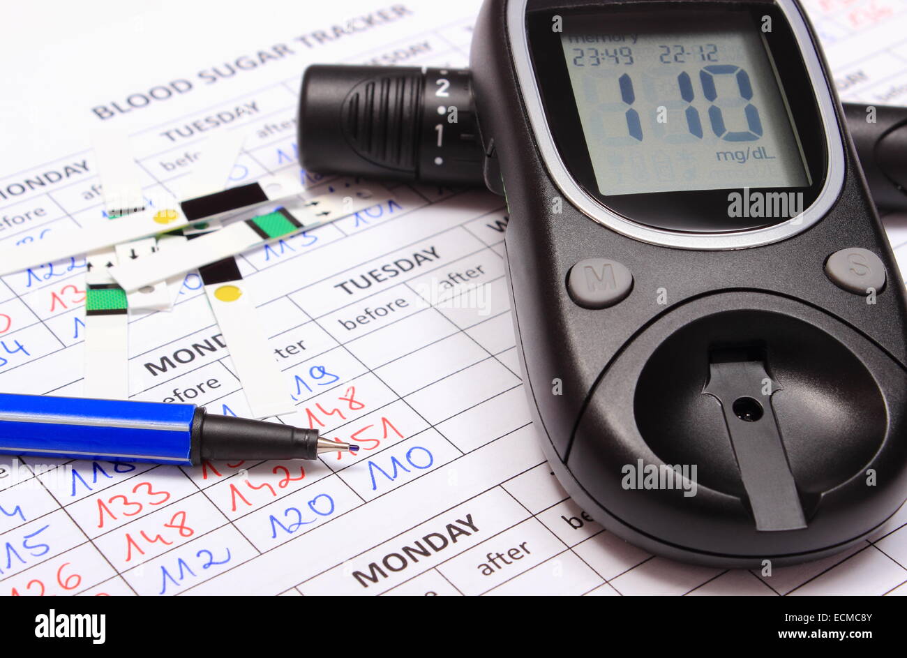 Glucose meter, lancet device and pen lying on medical forms for ...