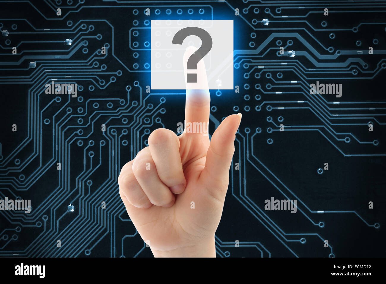 Hand pushing virtual question button on digital background Stock Photo ...